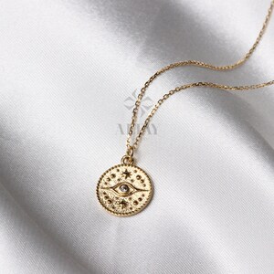 14K Gold Eye Medallion Necklace, Evil Eye Pendant, Coin Necklace ...