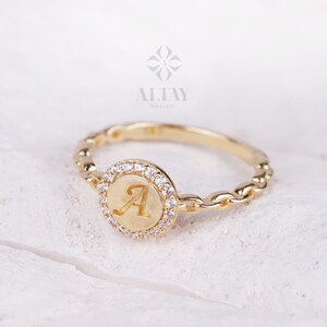 14K Gold Initial Ring, CZ Diamond Cursive Initial, Dainty Letter Band, Name Monogram Ring ...