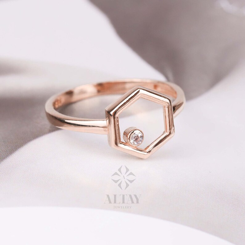 14K Gold Hexagon Ring, Birthstone Ring, Personalized Solitaire Ring ...