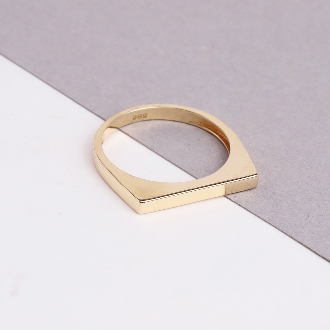 14K Gold Signet Bar Ring, Rectangle Signet Ring, Chevalier Ring, Signet ...