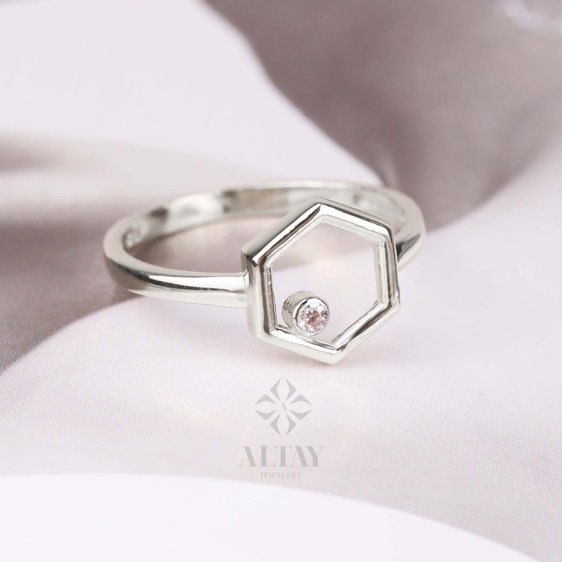 14K Gold Hexagon Ring, Birthstone Ring, Personalized Solitaire Ring ...