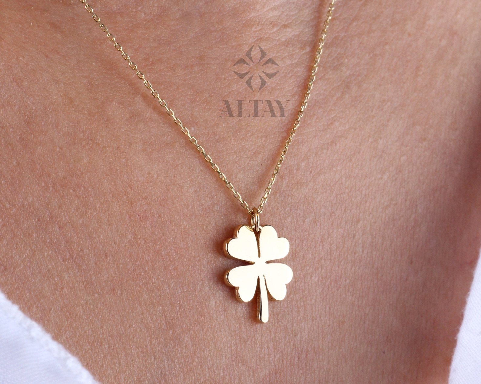 14K Gold Clover Necklace, Dainty Good Luck Pendant, Four Leaf Clover ...