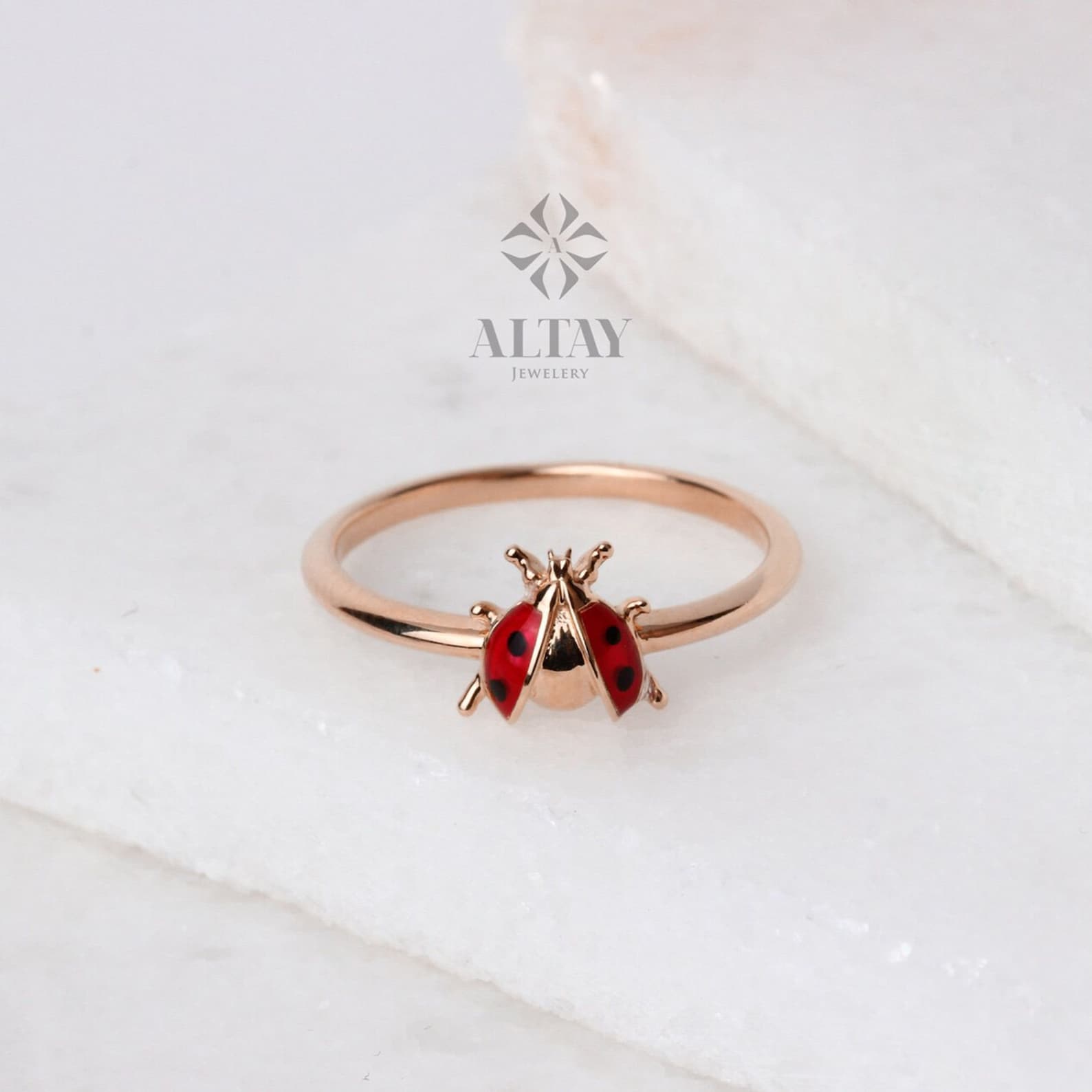 14K Gold Ladybug Ring, Ladybird Colorful Ring, Unique Animal Ring, Cute ...