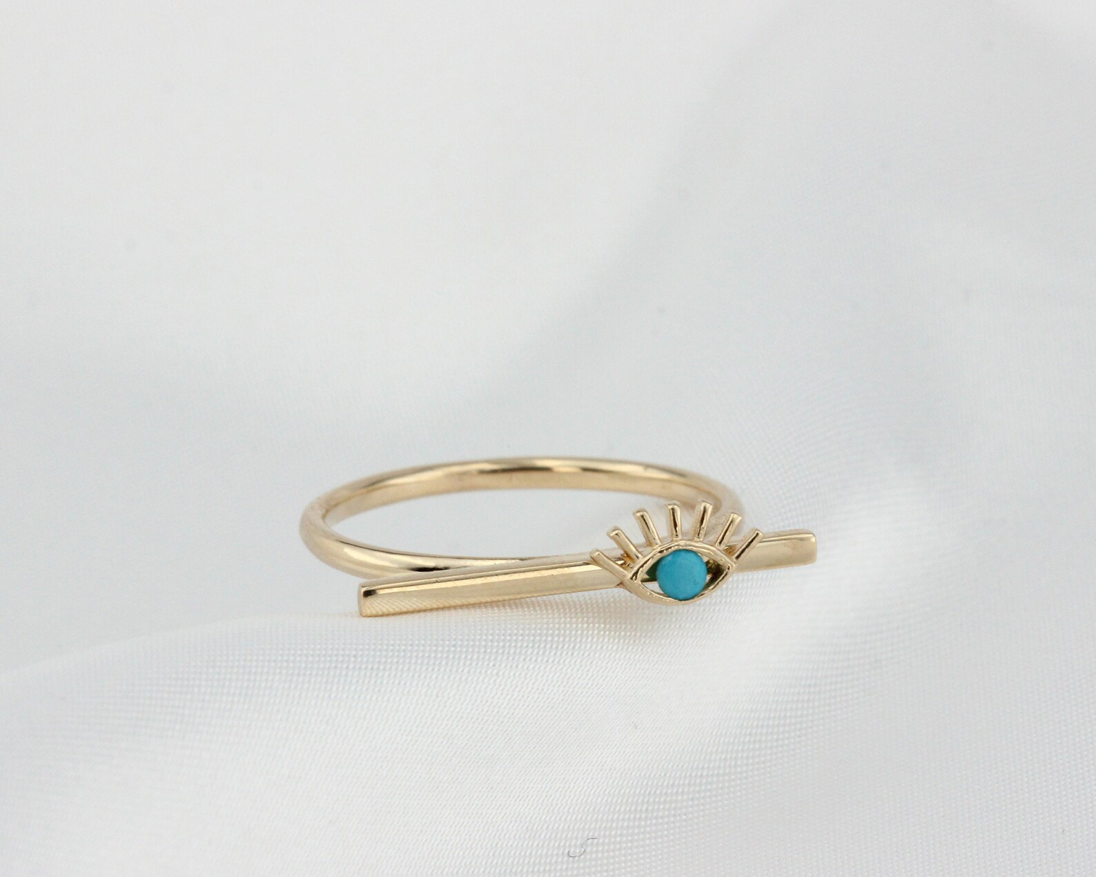 14K Gold Evil Eye Bar Ring, Stackable Dainty Ring, Turquoise Ring, Good ...