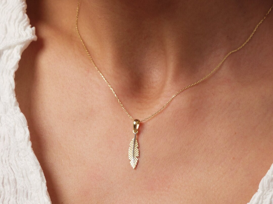 14K Gold Feather Necklace, Feather Charm Pendant, Dainty Layering ...