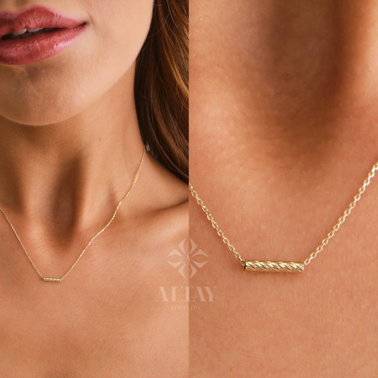 14K Gold Tube Bar Necklace, Textured Bar Pendant, Bar Chain Choker ...