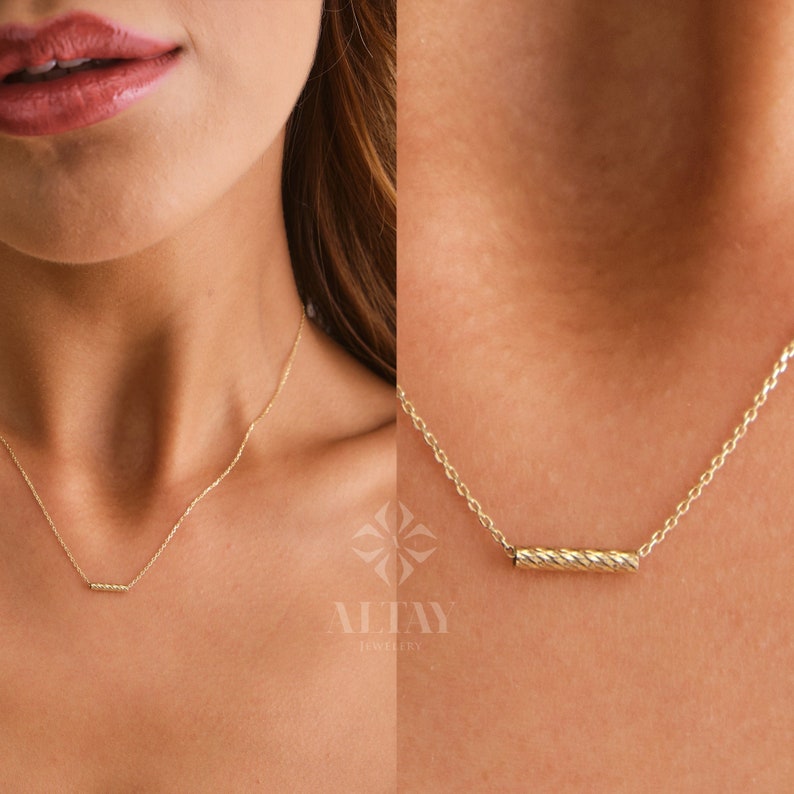 14K Gold Tube Bar Necklace, Textured Bar Pendant, Bar Chain Choker ...