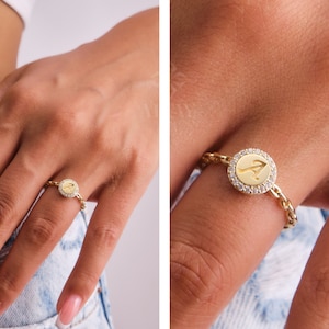 14K Gold Initial Ring, Round Signet Ring, Engraved Pinky Ring, Personalized Stacking Ring, Chain ...