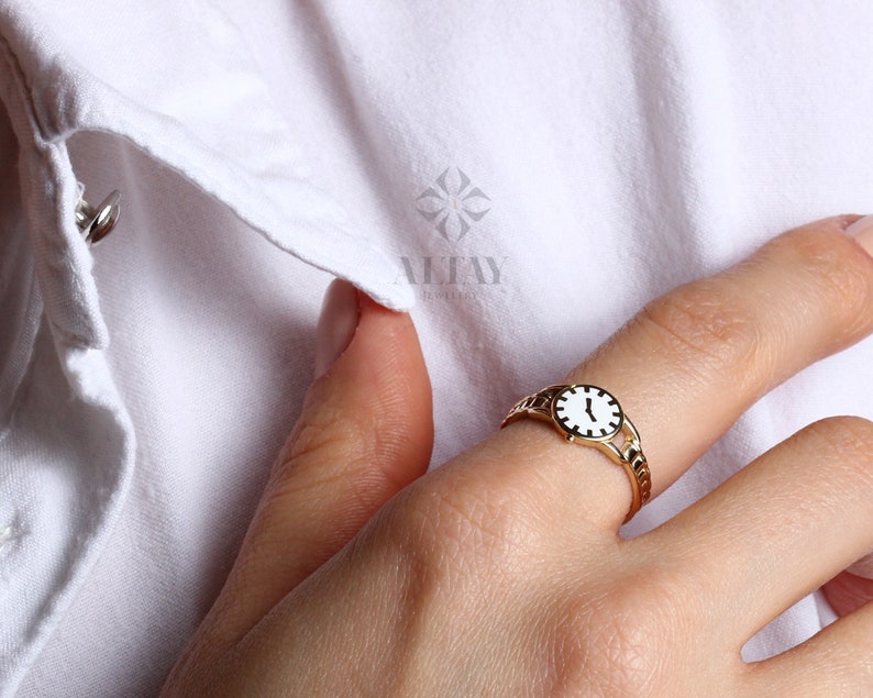 14K Gold Watch Ring, Round Clock Ring, Dainty Ring, Personalized Ring ...