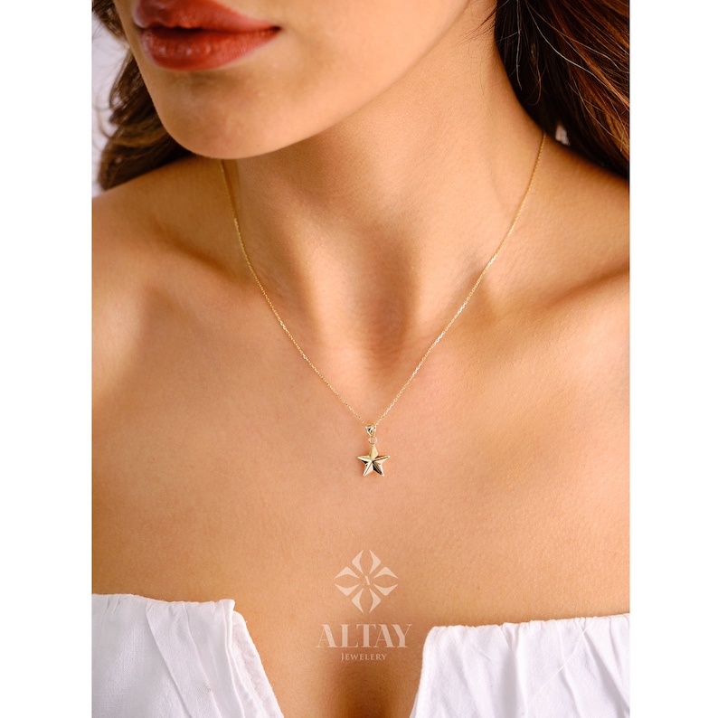 14K Gold Star Necklace, Small Star Pendant, 3D Star Charm Necklace ...