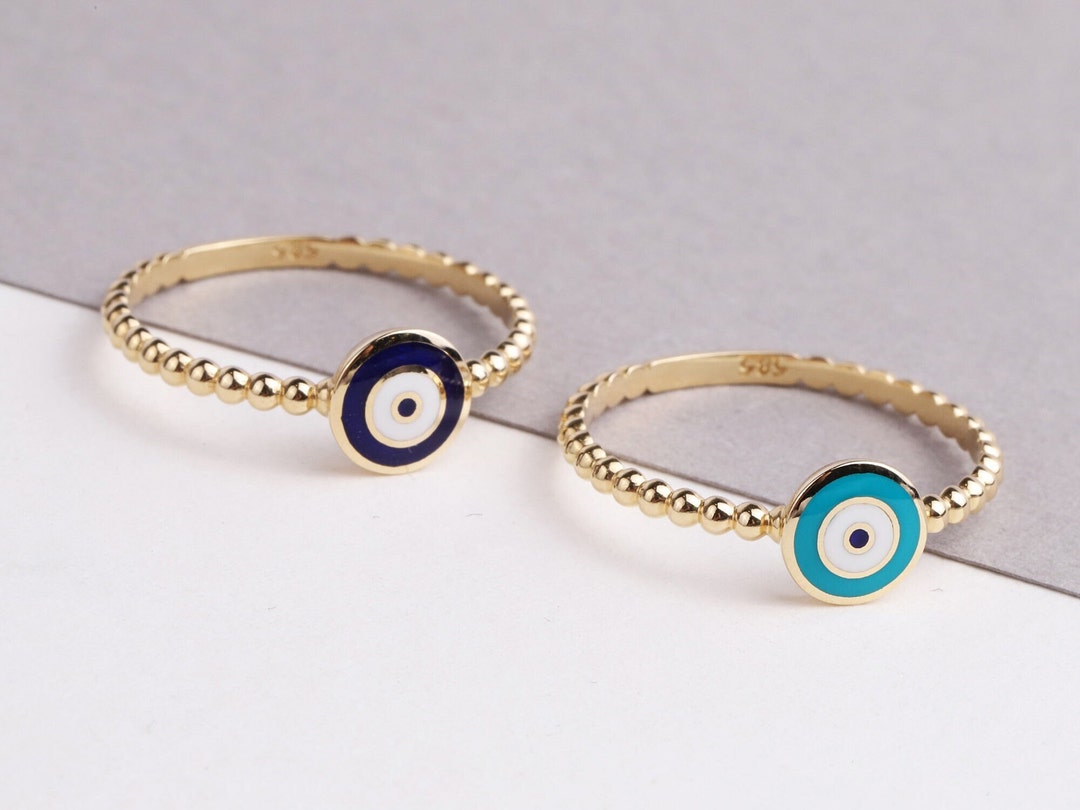 14K Gold Evil Eye Ring, Mini Evil Eye Stackable Ring, Good Luck Ring ...
