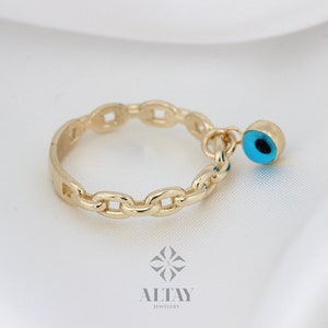 14K Gold Evil Eye Link Ring, Evil Eye Charm Ring, Good Luck Symbol ...