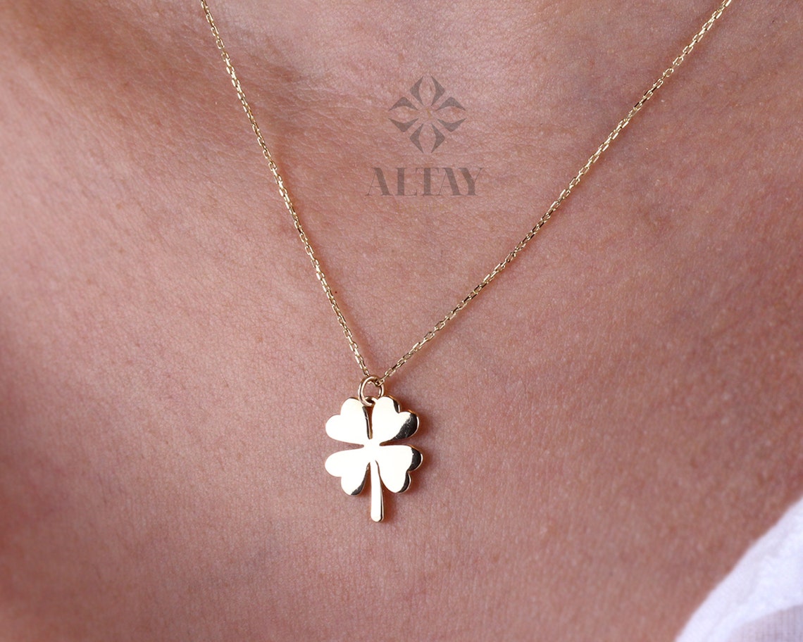 14K Gold Clover Necklace, Dainty Good Luck Pendant, Four Leaf Clover ...