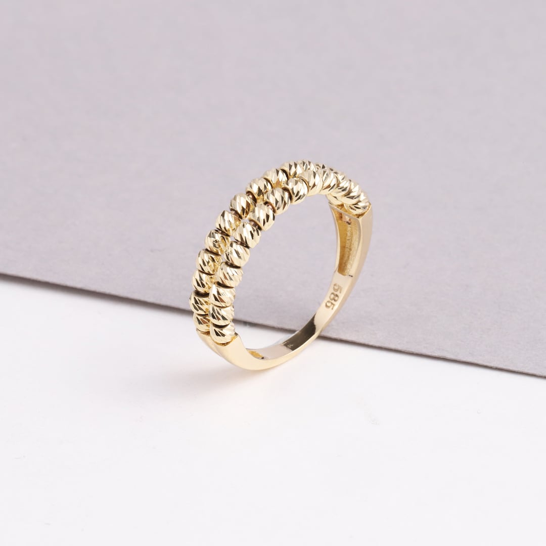 14K Solid Gold Dorica Balls Beaded Ring, Dual Line Mini Balls ...
