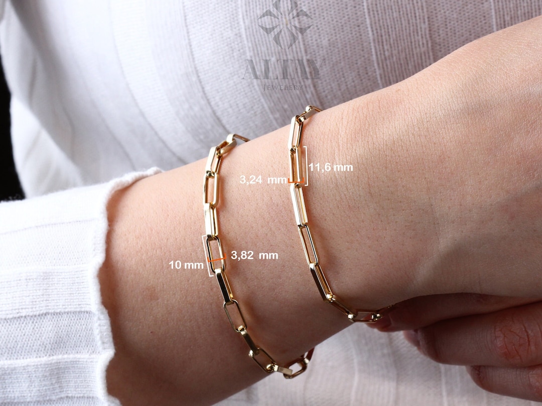 14K Gold Paperclip Chain Bracelet, Rectangle Long Chain, Chunky Chain ...