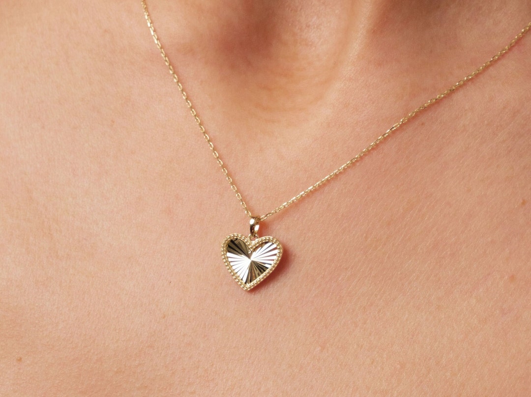 14K Gold Heart Necklace, Small Heart Necklace, Mini Textured Heart ...