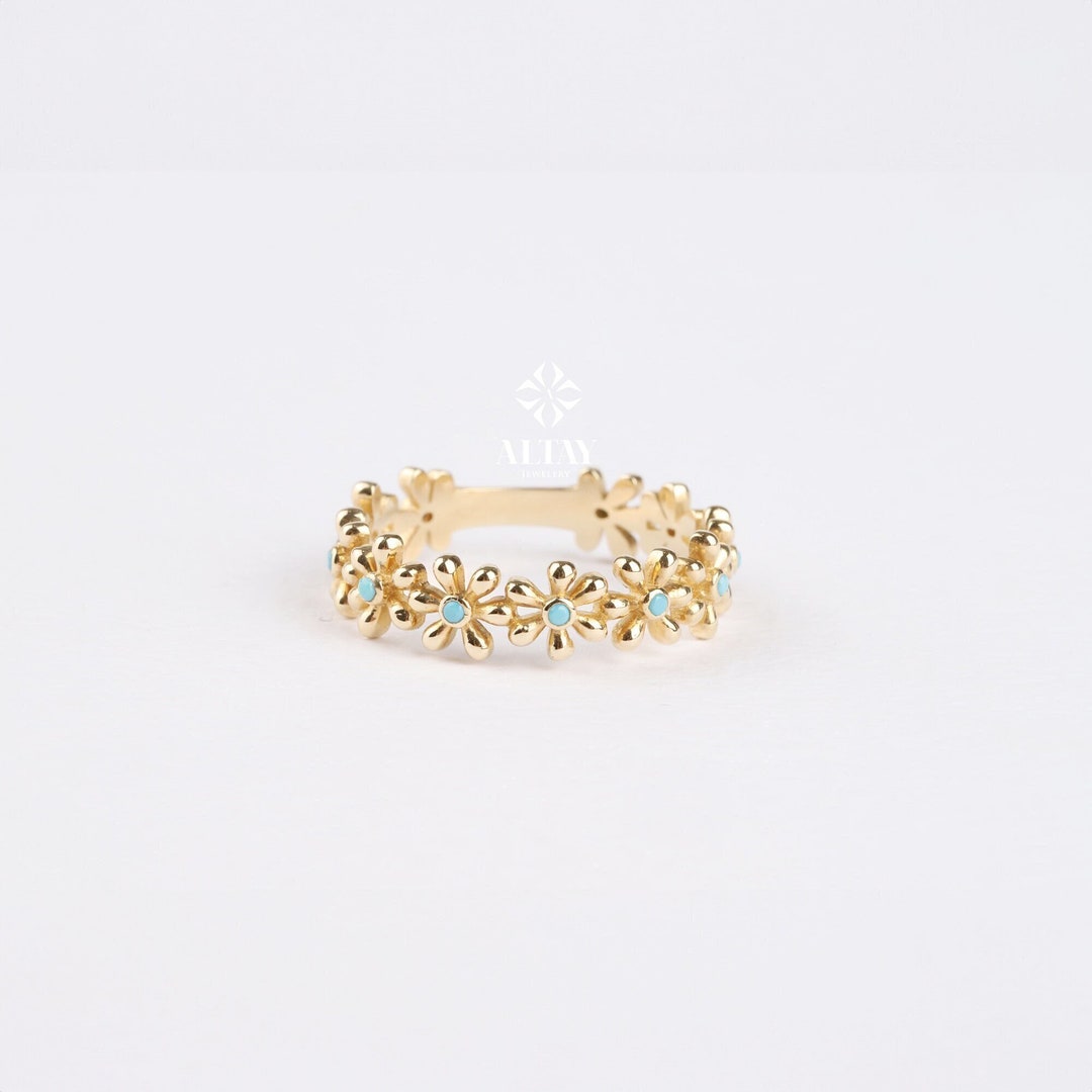 14K Gold Daisy Ring, Flower Wedding Band, Half Eternity Stackable Ring ...