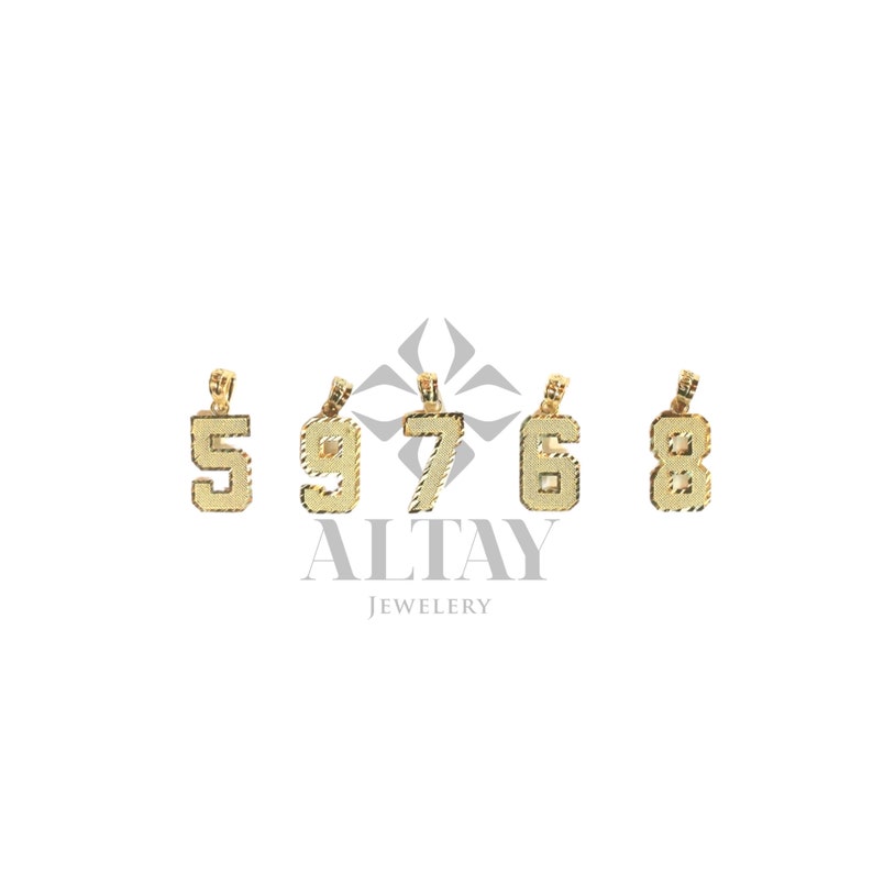 14K Solid Gold Number Pendant 0-9 Diamond Cut Necklace Charm, 1mm 2mm ...
