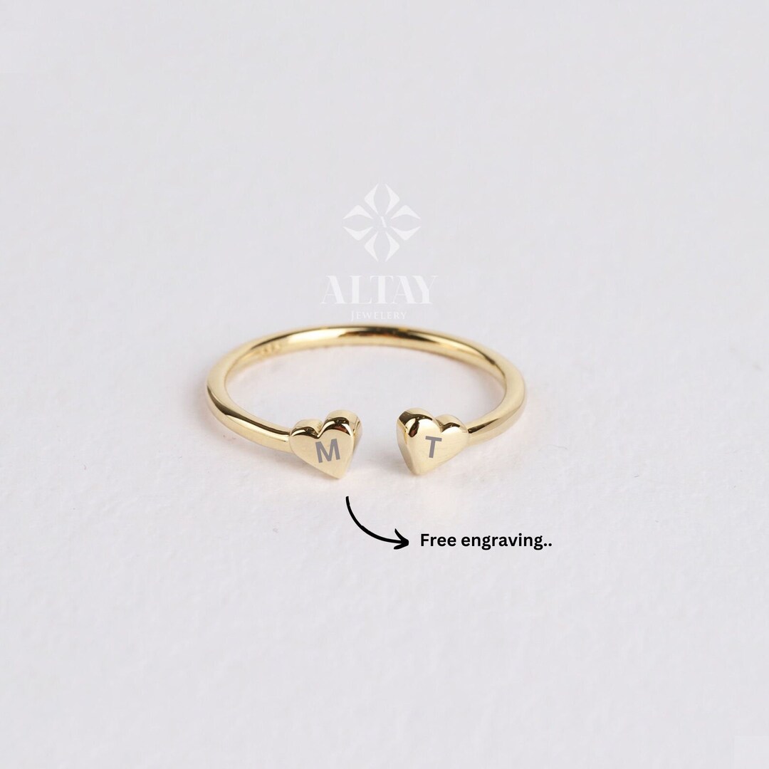 14K Gold Heart Ring, Double Heart Ring, Personalized Open Heart ...