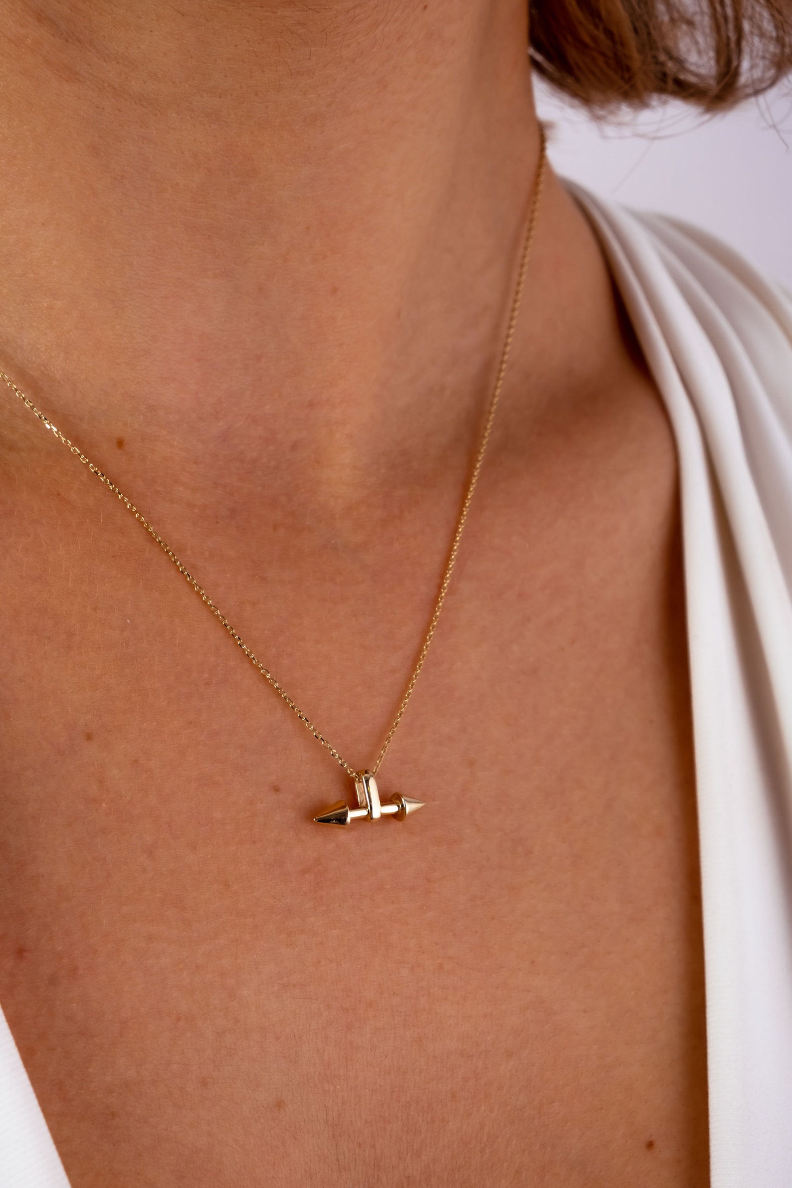14K Gold Double Horn Necklace, Two Side Arrow Pendant Necklace, Horn ...