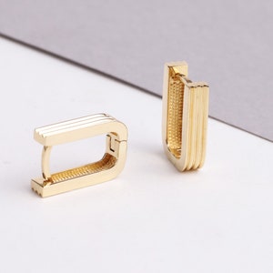 14K Gold Ribbed Rectangle Earrings, Oblong Rectangle Hoop Earrings ...