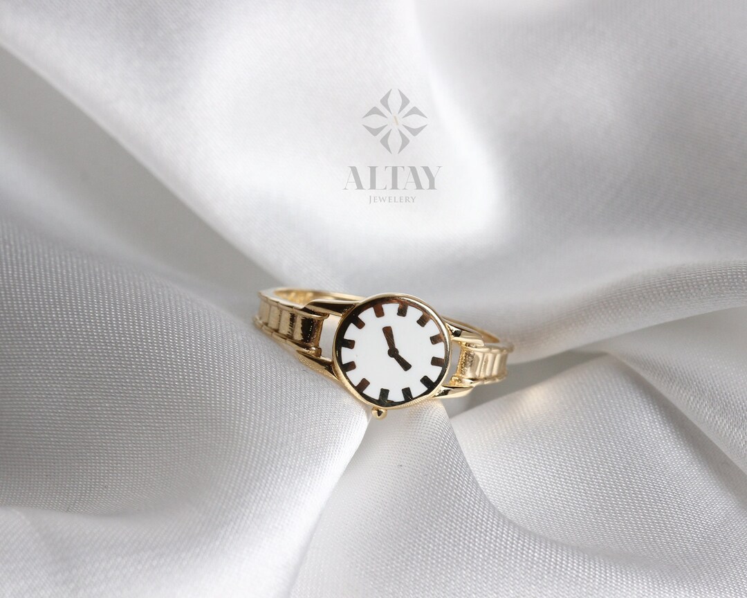14K Gold Watch Ring, Round Clock Ring, Dainty Ring, Personalized Ring ...