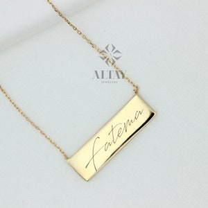 Bar Name Tag Necklace, 14K Solid Gold, Customize Personalized Necklace ...