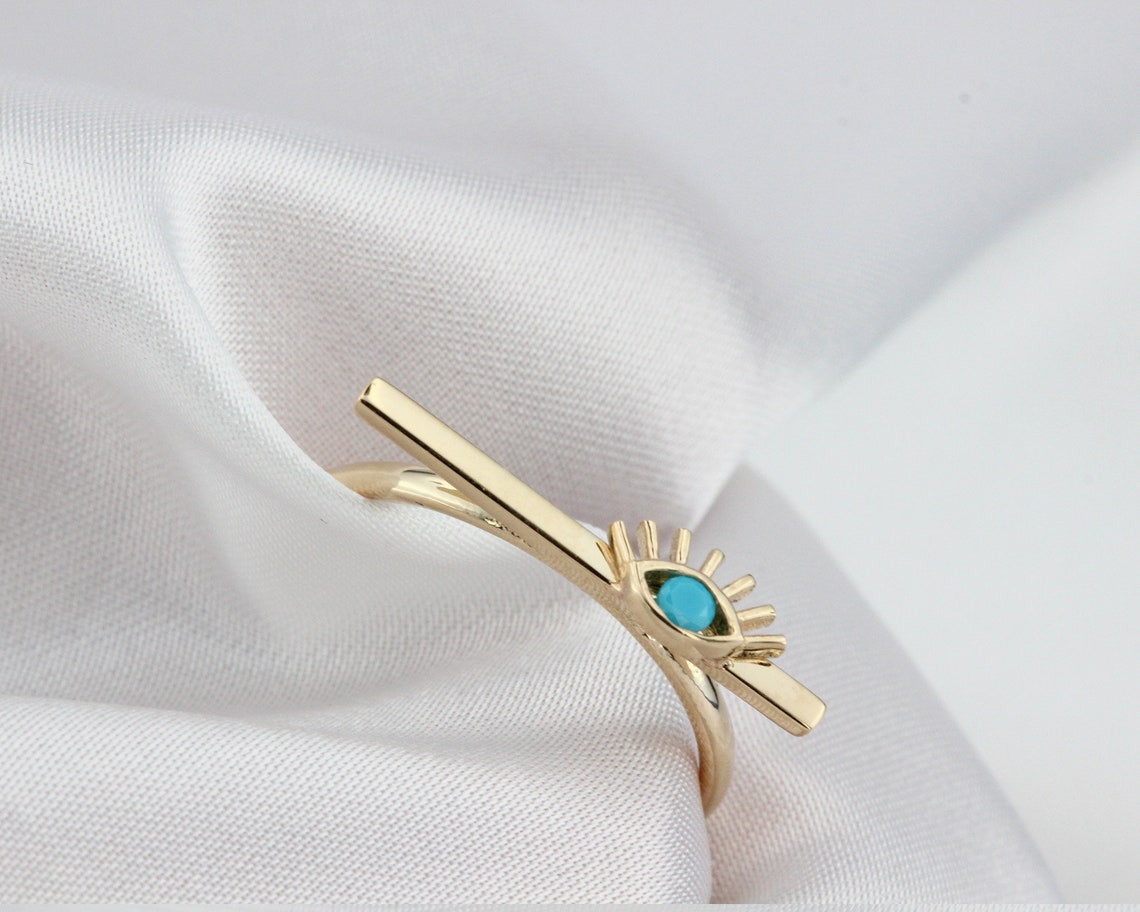 14k Gold Evil Eye Bar Ring Stackable Dainty Ring Turquoise | Etsy
