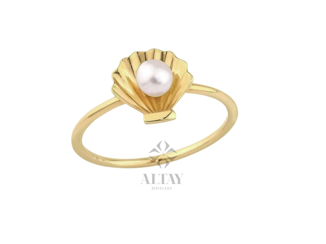 14K Gold Seashell Pearl Ring, Gold Shell Ring, Dainty Gold Bridesmaid ...
