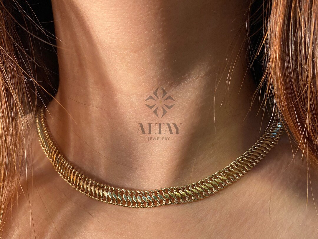14K Gold Double Curb Chain Necklace, 8mm Vienna Chain Choker, Dailywear ...
