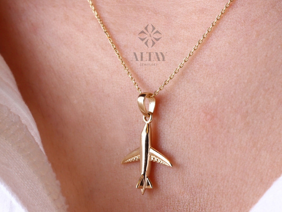 14K Gold Airplane Necklace, Plane Choker, Travel Necklace, Pilots ...