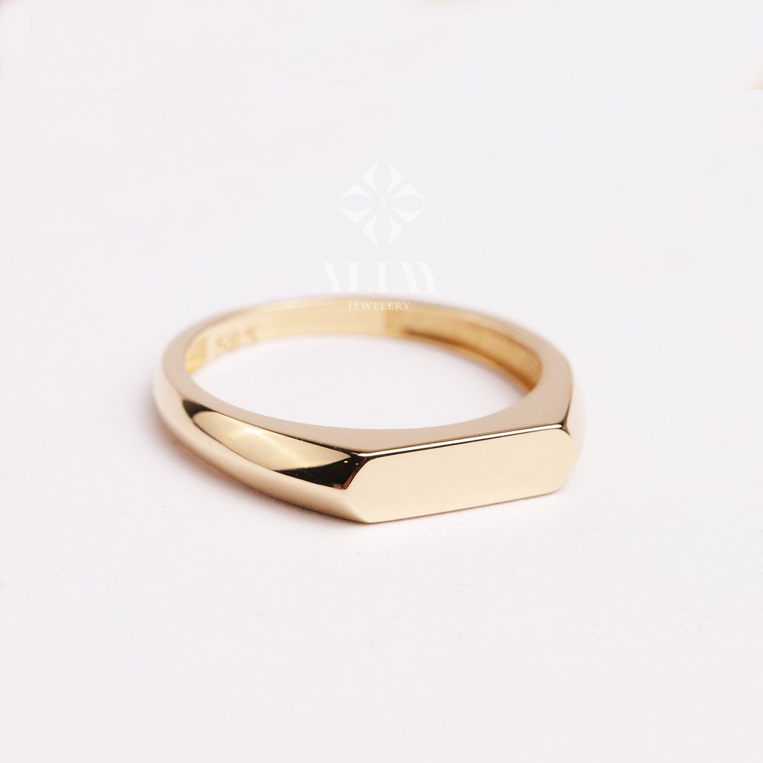 14K Gold Name Bar Ring, Small Rectangle Signet Ring, Custom Name Pinky Ring, Minimalist ...