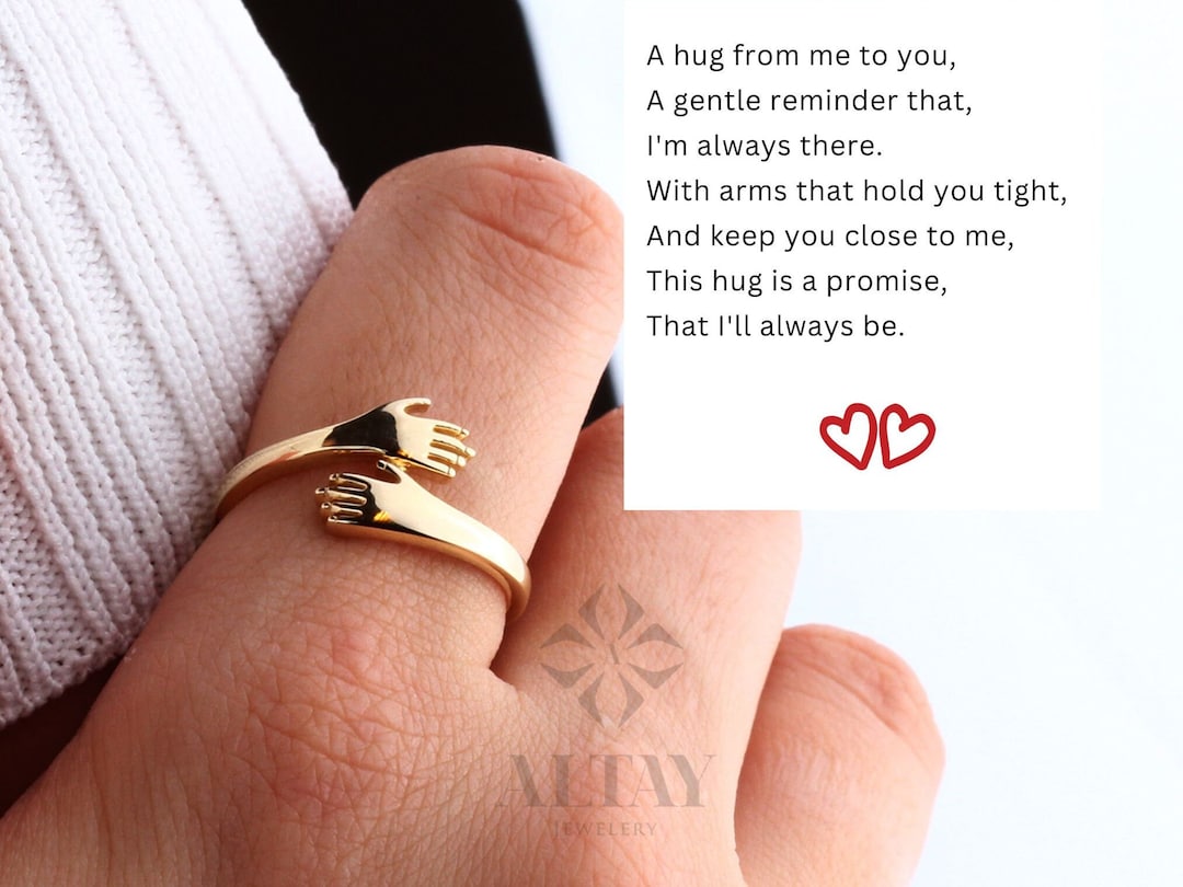 14K Gold Hug Ring, Engraved Love Hugging Hands Ring, Dainty Hug Gold ...