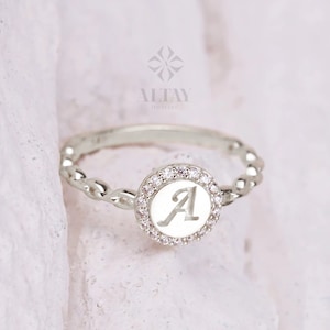 14K Gold Initial Ring, Round Signet Ring, Engraved Pinky Ring, Personalized Stacking Ring, Chain ...