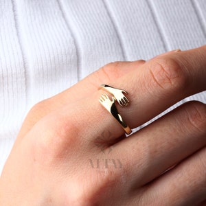 14K Gold Hug Ring, Engraved Love Hugging Hands Ring, Dainty Hug Gold ...