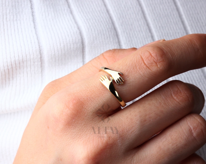 14K Gold Hug Ring Unique Love Hugging Hands Ring Hug Gold - Etsy