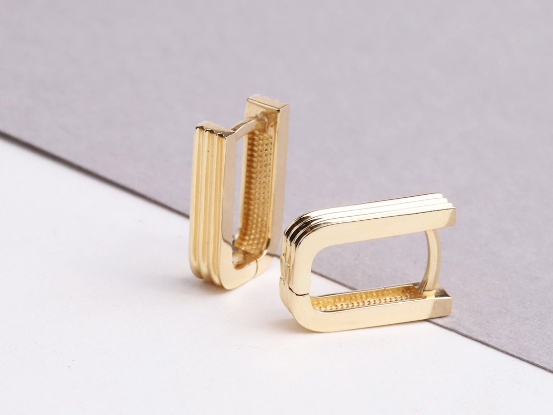14K Gold Ribbed Rectangle Earrings, Oblong Rectangle Hoop Earrings ...