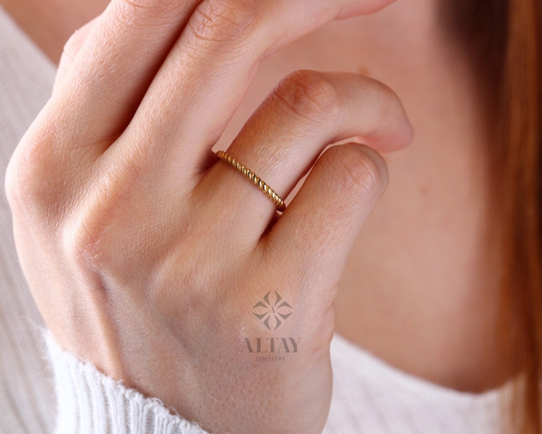 14K Solid Gold Twist Ring, Rope Style Twisted Gold Ring, Dainty Stacking Ring, Simple Delicate ...