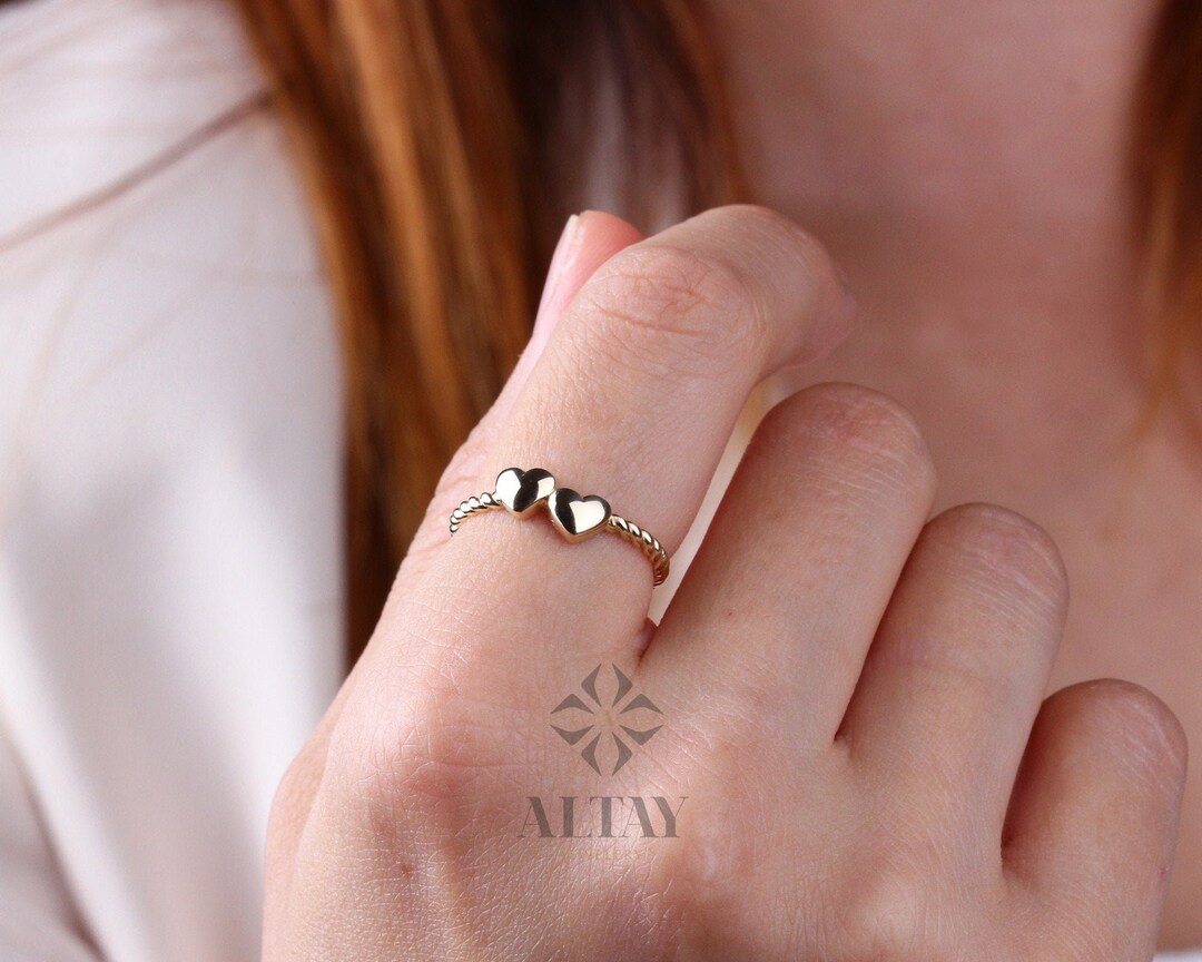 14K Solid Gold Heart Ring, Double Heart Dainty Ring, Promise Ring ...