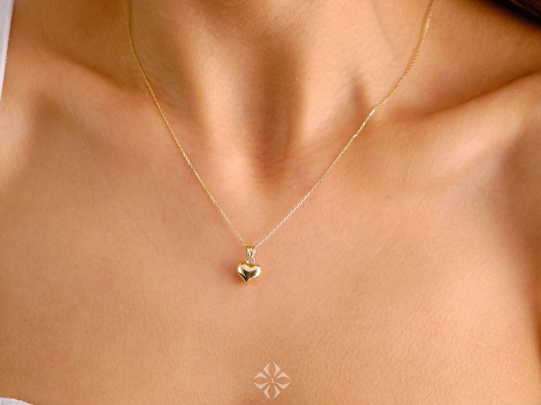 14K Gold Heart Necklace, Small Heart Pendant, Mini 3D Heart Charm ...