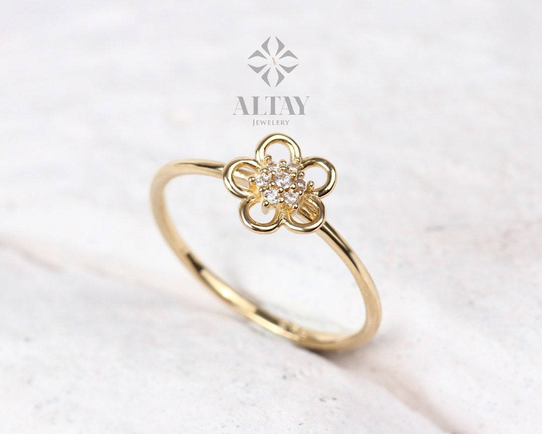14K Gold Flower Ring, Diamond Daisy Ring, Sunflower Band, Stackable ...