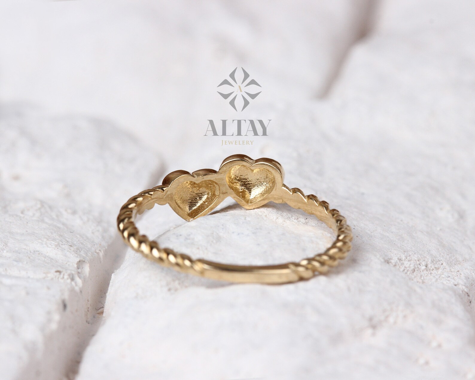 14K Solid Gold Heart Ring, Double Heart Dainty Ring, Promise Ring ...
