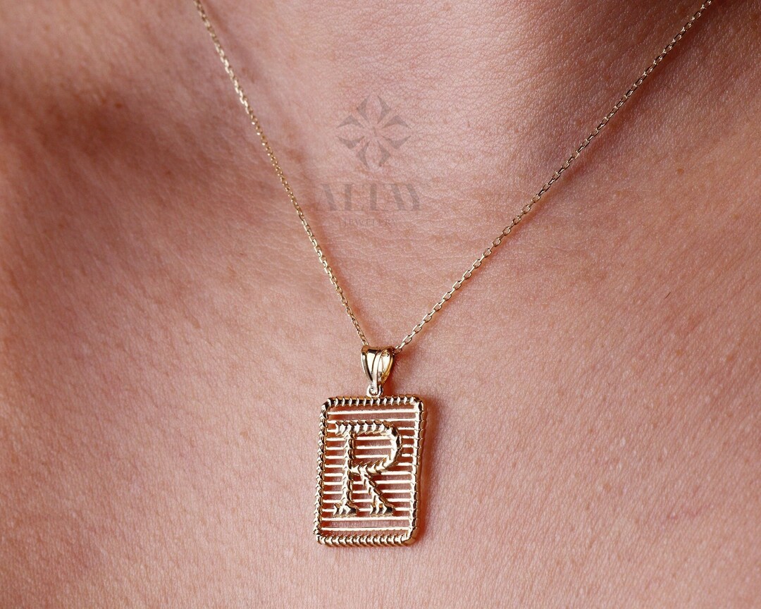 14K Gold Initial Necklace, Gold Letter Necklace, Square Lined Letter ...