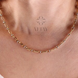 14K Gold Two Tone Chain Necklace, Oval Chain Choker, Rectangle Long ...