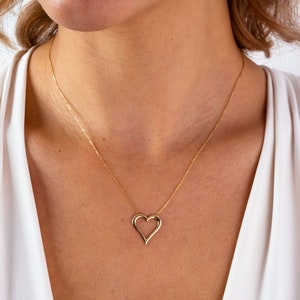 14K Gold Open Heart Necklace, Heart Pendant Necklace, Heart Outline ...