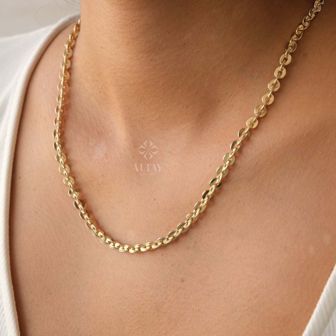 14K Gold Chain Necklace, Rolo Chain Choker, Oval Links Necklace, Chunky ...