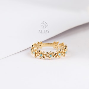 14K Gold Half Eternity Daisy Ring, Floral Wedding Band Ring, Thick ...