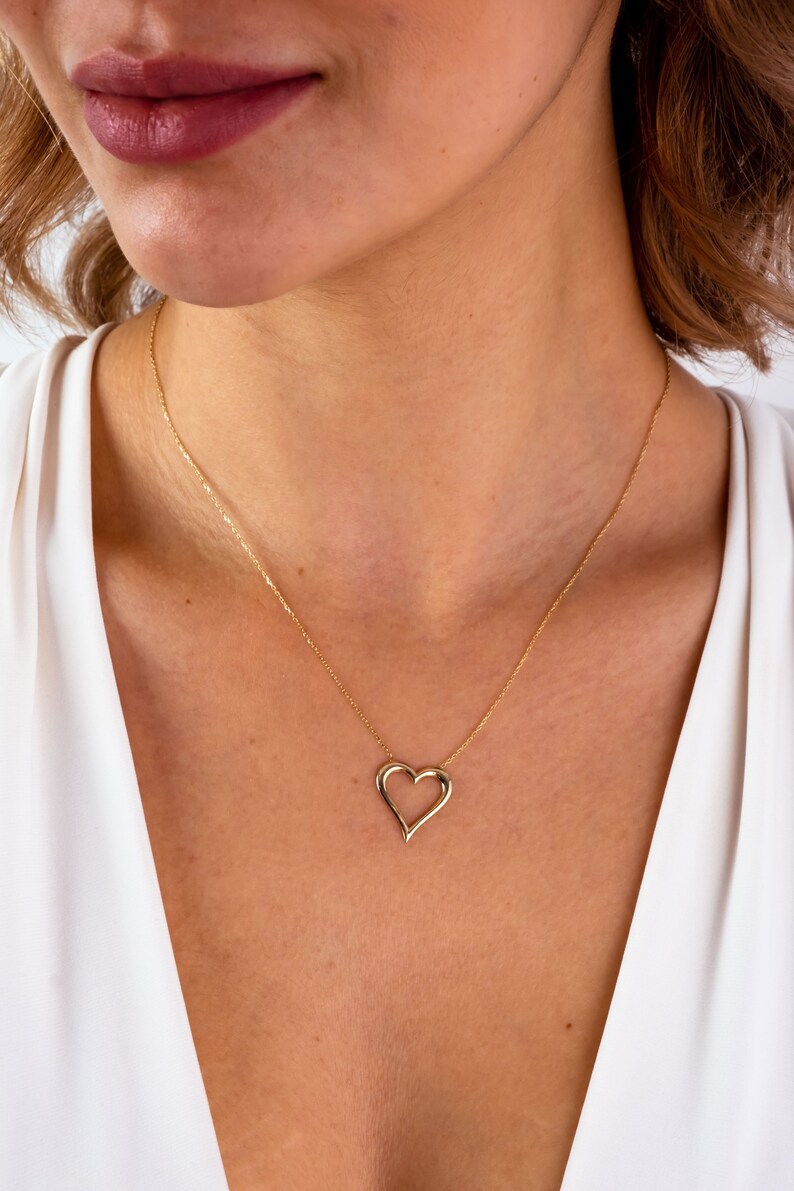 14K Gold Open Heart Necklace, Heart Pendant Necklace, Heart Outline ...