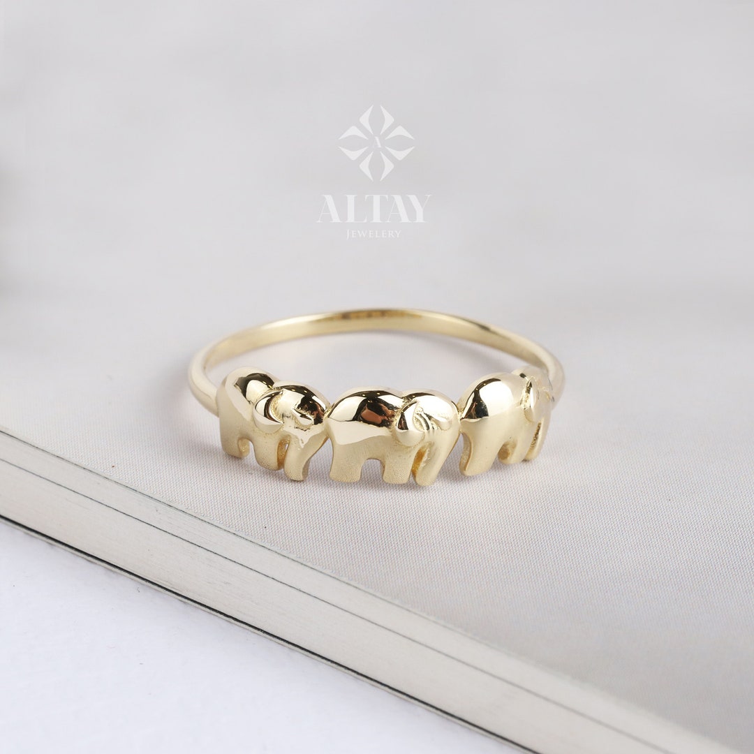 14K Gold Three Elephant Ring, Stacking Elephant Ring, Animal Gold Band ...