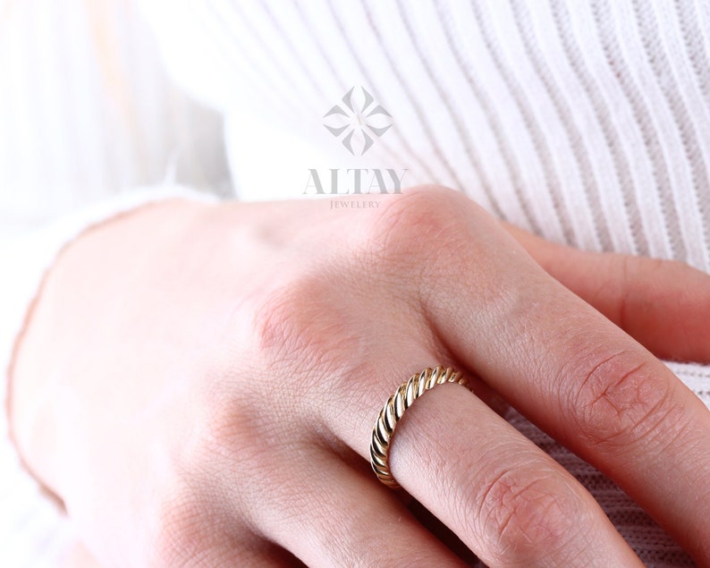 14K Solid Gold Croissant Ring, Twist Dome Ring, Gold Chunky Ring, Twisted Rope Ring, Bold ...